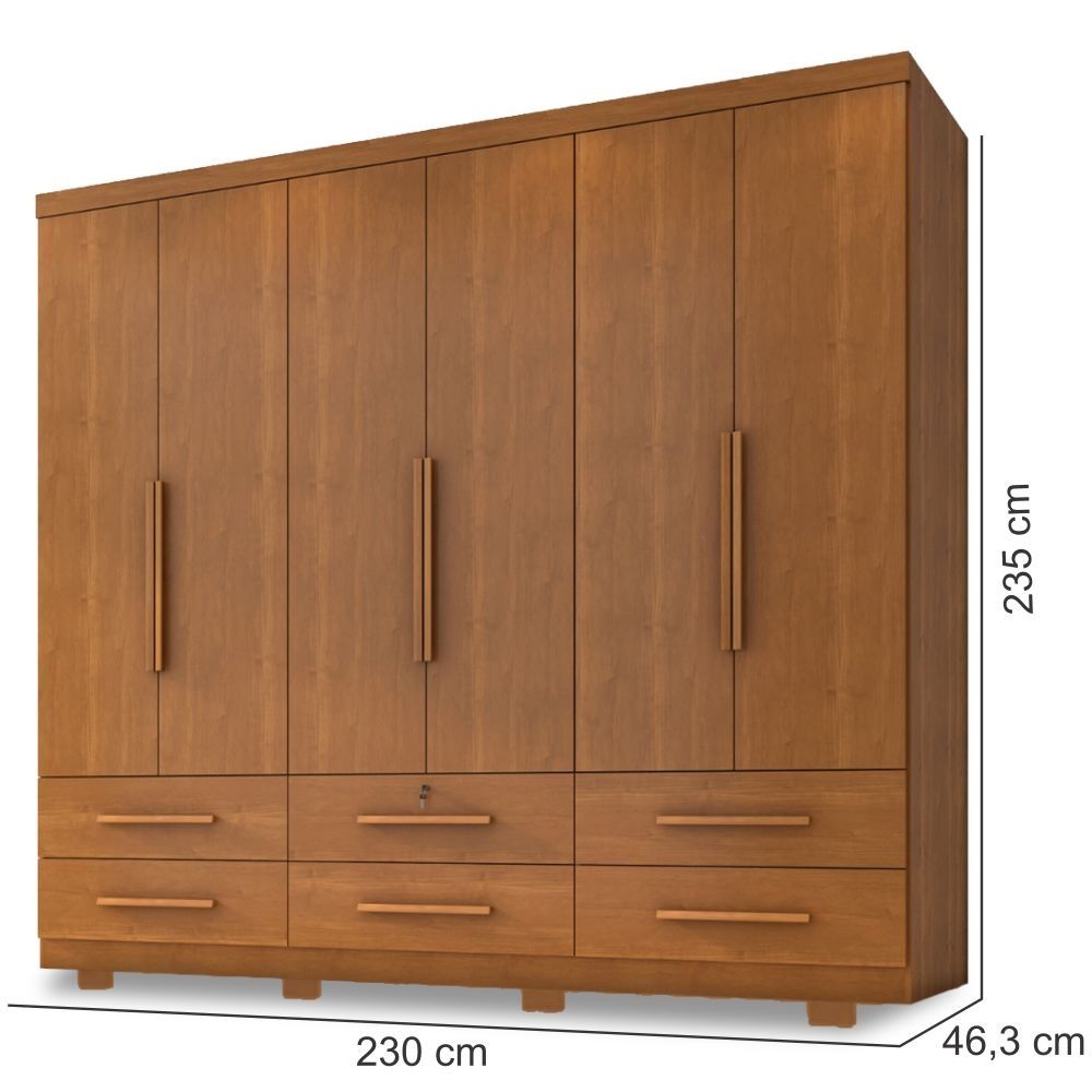 Guarda Roupa Casal Zanzini Maximus Plus 230 cm de Largura 6 portas 6 gavetas com pés Cinamomo